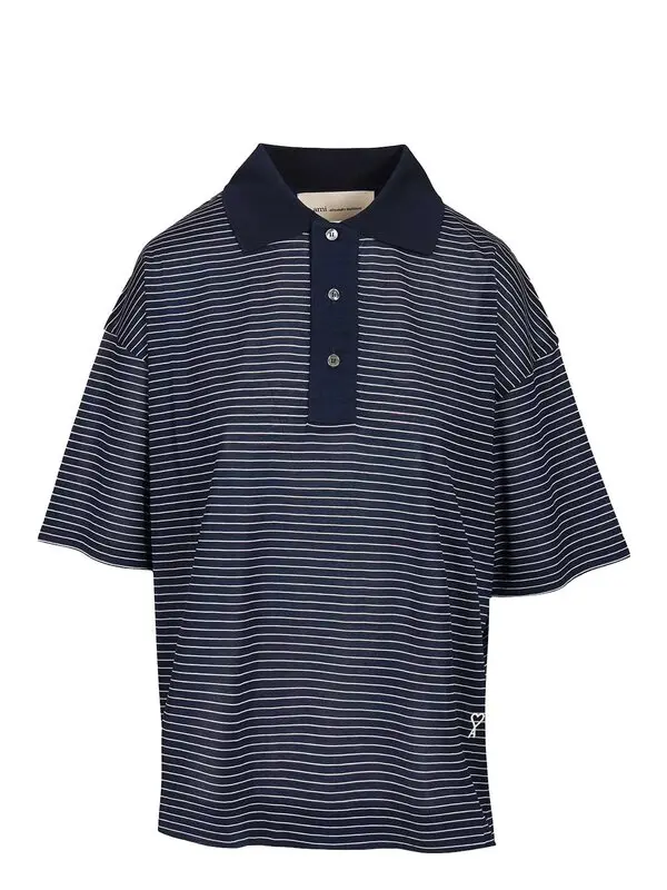 AMI Paris Striped Boxy Fit Polo With De Coeur Patch - Blue
