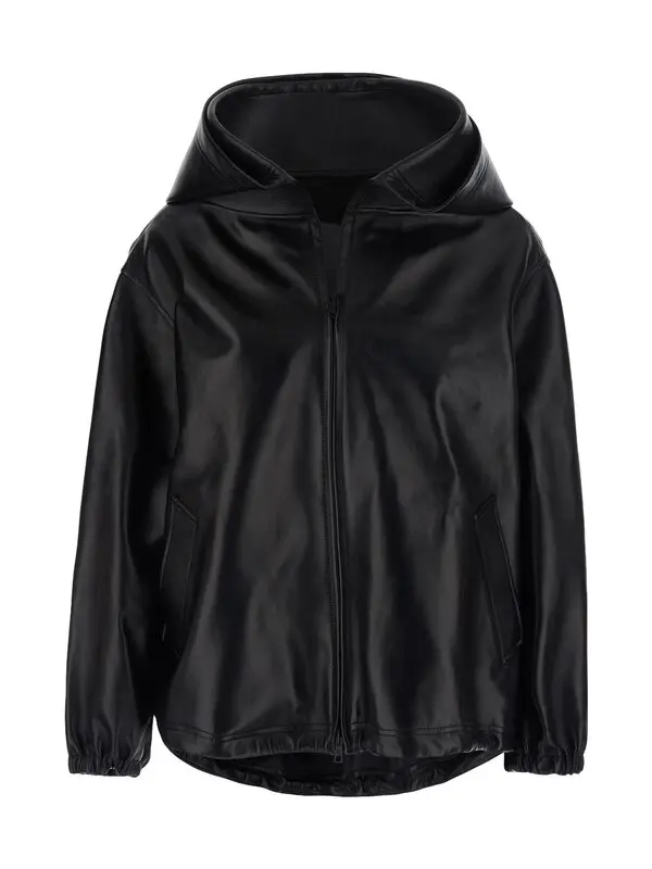 Balenciaga Black Jacket With Hood And Dropped Shoulders In Leather For - Multicolor