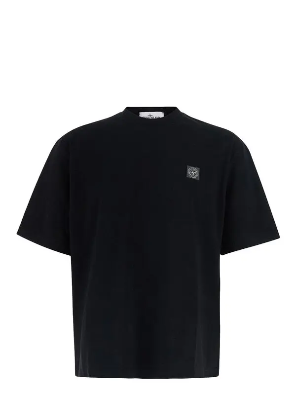 Stone Island Crew Neck Heavyweight With Short Sleeves And Patch, Tech Fabric - Black