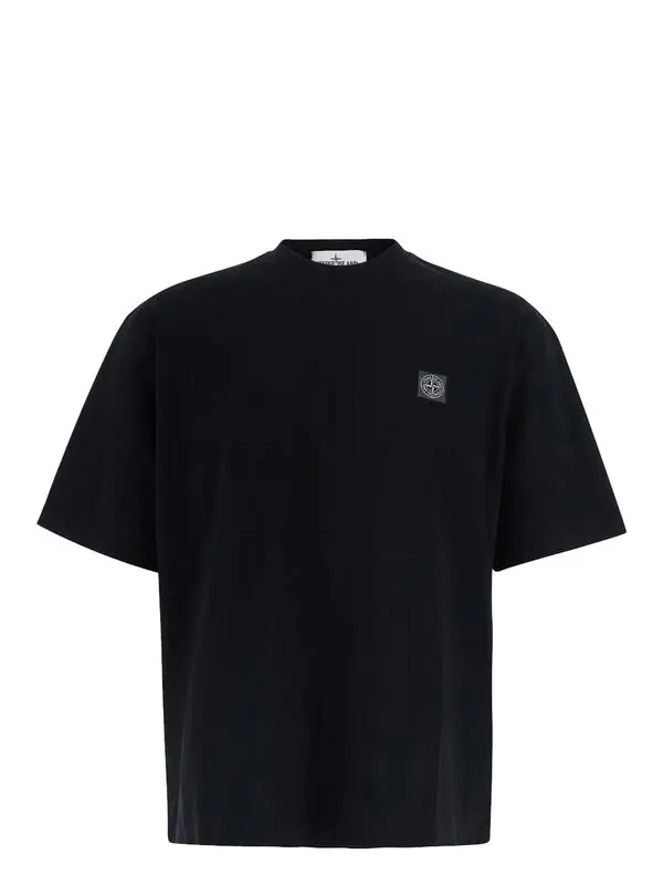 Stone Island Crew Neck Heavyweight With Short Sleeves And Patch, Tech Fabric - Black
