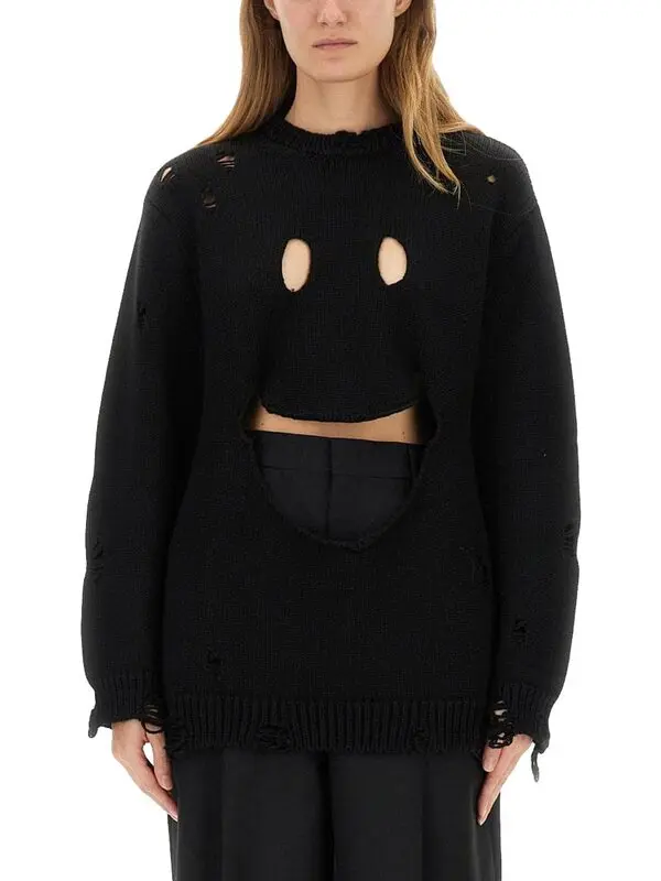 Moschino Virgin Wool Distressed Crewneck Sweater - Black
