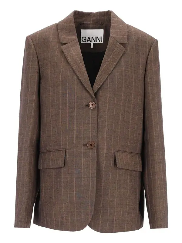 GANNI Pinstriped Wool Blazer - Brown