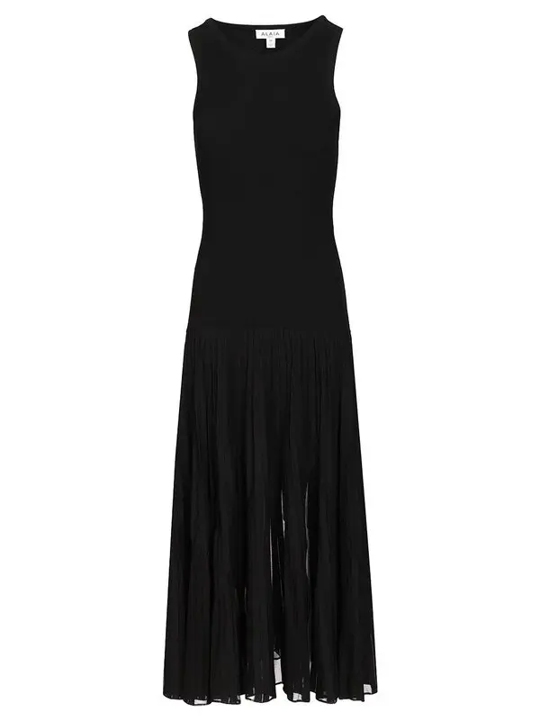 Alaïa Pleated Sheer Midi Dress - Black