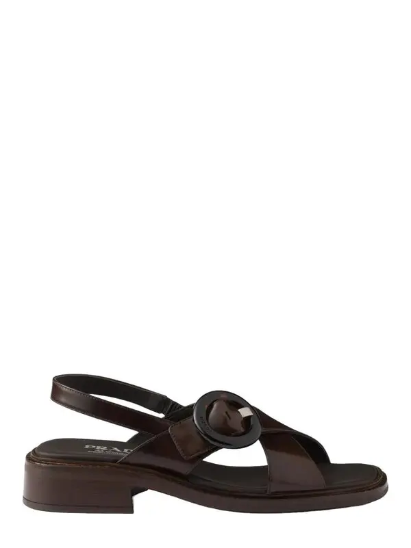 Prada Brushed Leather Crisscross Band Sandals With Plexiglas Buckle - Brown