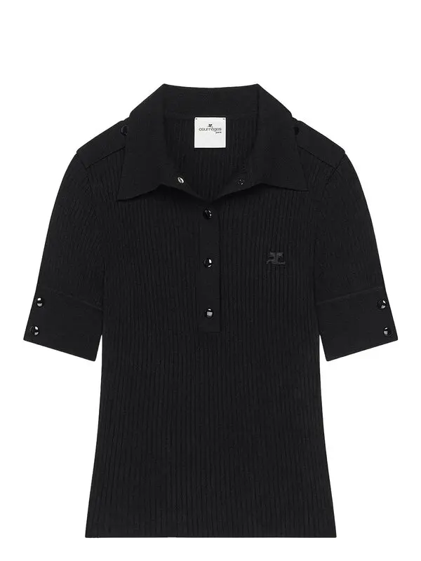 COURREGES Rib Knit Short Sleeved Polo - Black