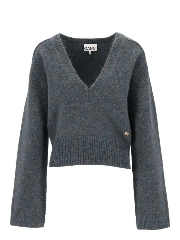GANNI Melange Mohair Deep V-neck Sweater - Blue