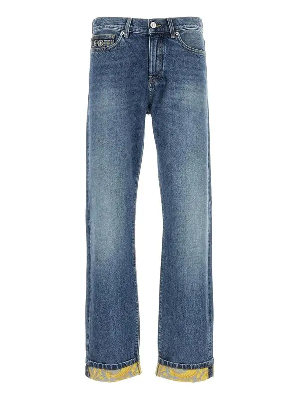 Versace Pant Denim Stone Wash Blue Denim Fabric + Barocco - Multicolor