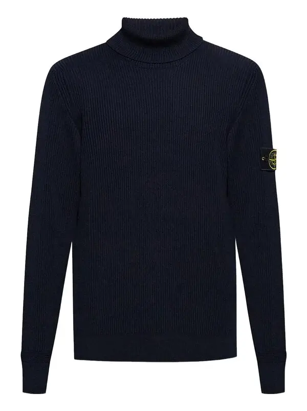 Stone Island Wool Turtleneck Sweater In Full Ribs - Blue