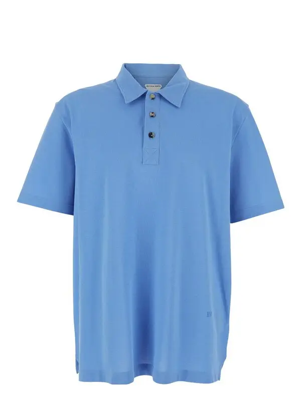 Bottega Veneta Polo Shirt With Classic Collar And Logo Embroidery Detail On The Front In Cotton - Blue