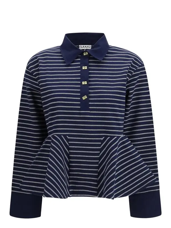 GANNI Striped Peplum Polo Shirt - Blue