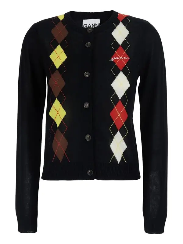 GANNI Crew Neck Cardigan With Argyle Motif On The Front In Cotton For - Black