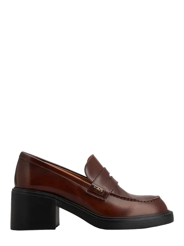 TOD'S Leather Heeled Penny Loafers - Brown