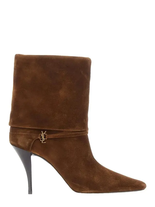 Saint Laurent Niki' Brown Ankle Strap Booties With Cassandre Charm In Suede For - Multicolor