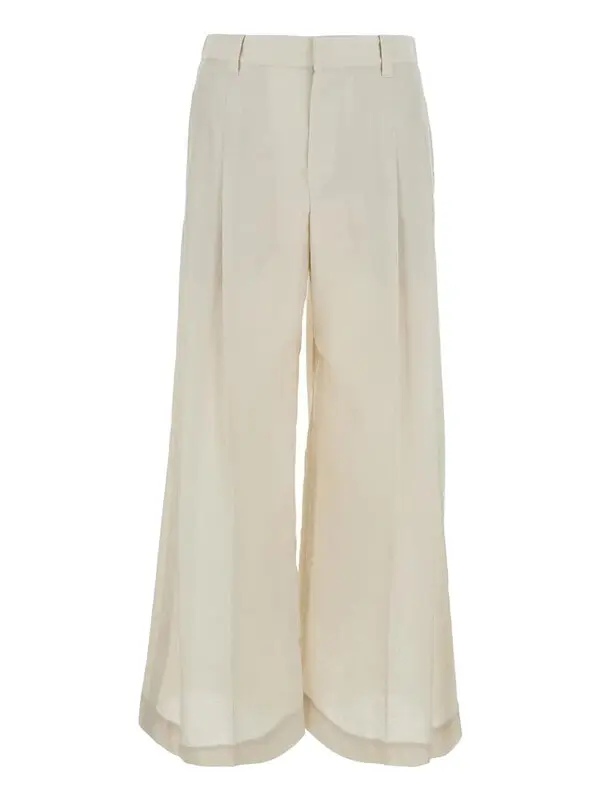 Brunello Cucinelli Beige Wide Leg Pants With Monil Detail On The Back In Cotton Blend For - Multicolor
