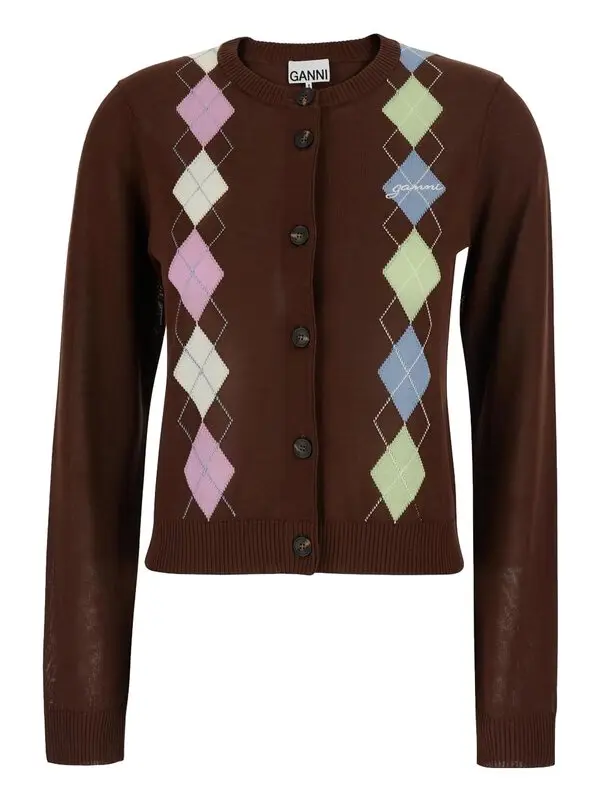 GANNI Crew Neck Cardigan With An Argyle Motif On The Front In Cotton For - Brown