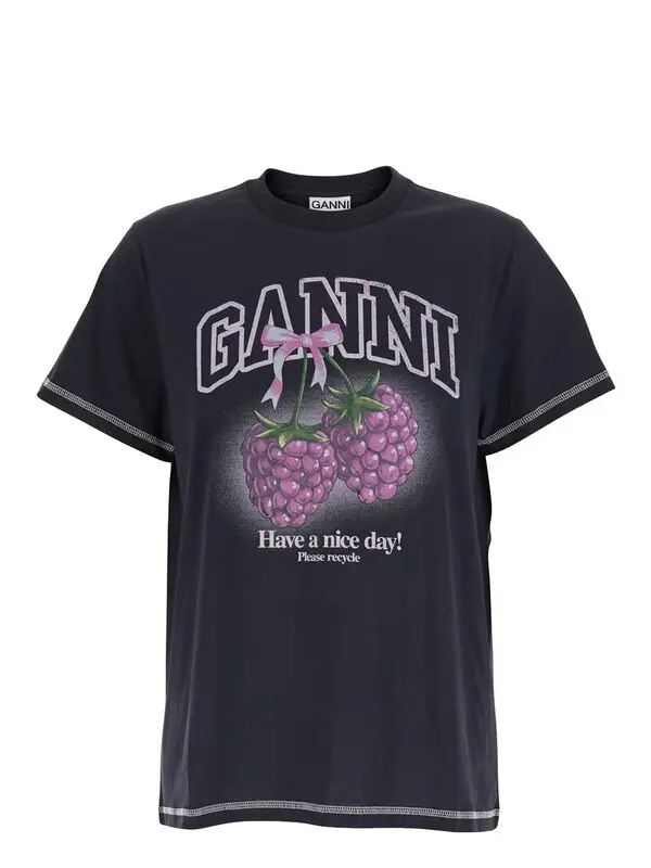 GANNI Cotton Round Neck T-shirt With Front Print - Multicolor