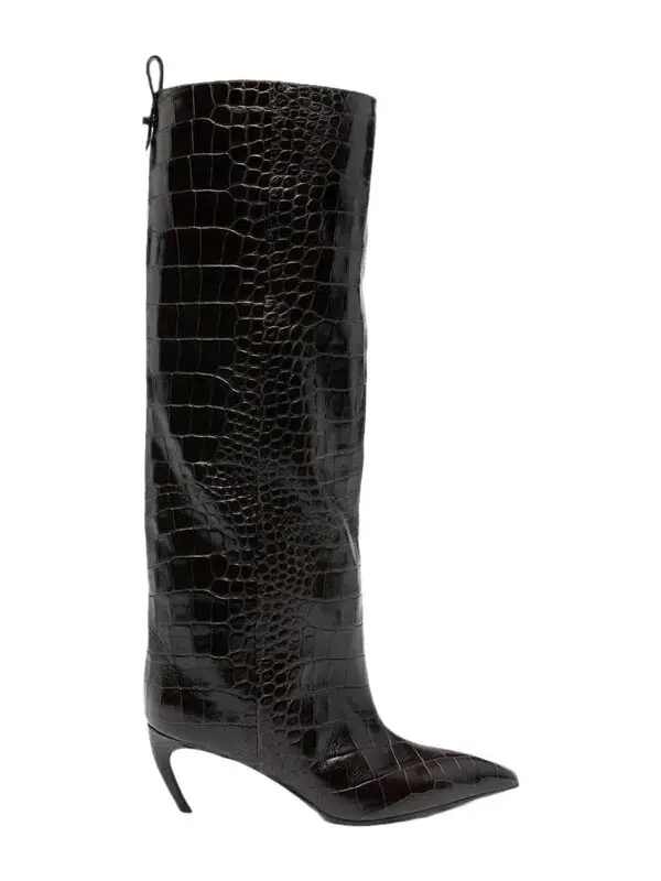 Attico Lea Knee-high Boots With Pointed Toe And Croc-effect - Brown