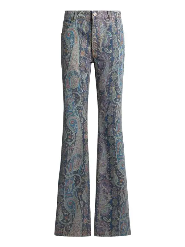 Etro Flared Denim Jeans With Floral Paisley Motif - Blue