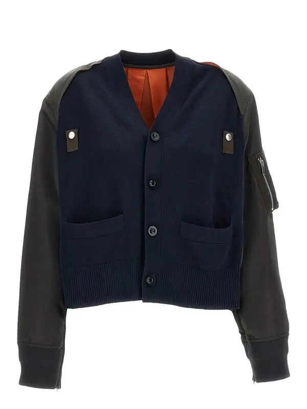 Sacai Nylon Twill And Cotton Knit Cardigan - Multicolor
