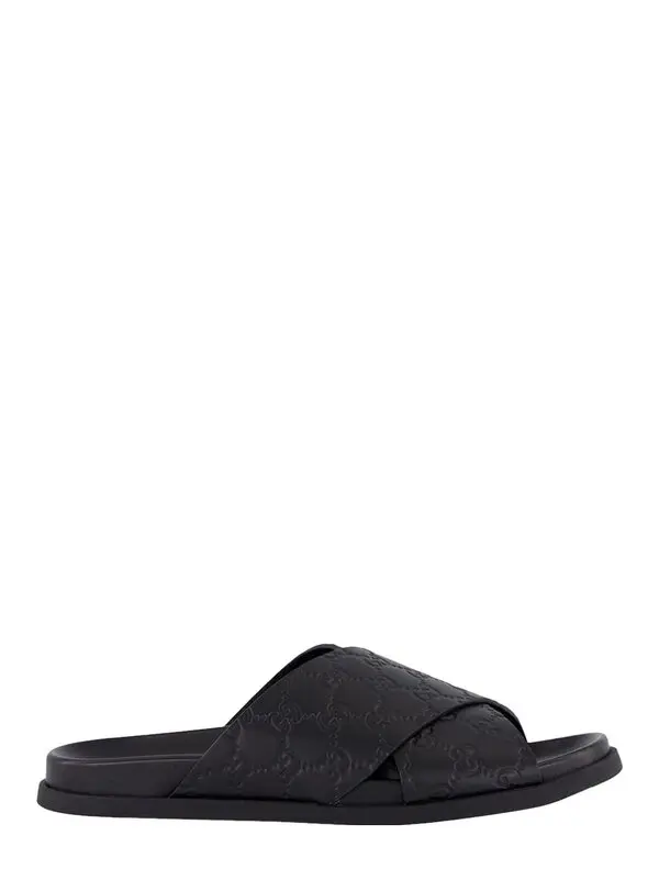 Gucci Leather Gg Monogram Sandals - Black