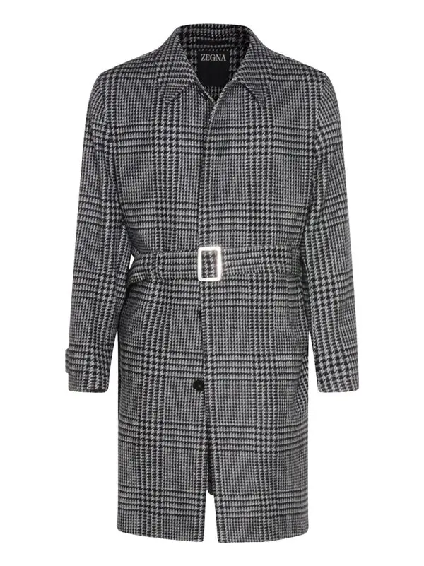 Zegna Wool Checked Belted Coat - Gray