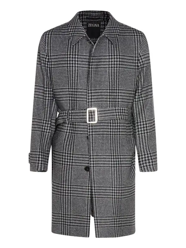 Zegna Wool Checked Belted Coat - Gray