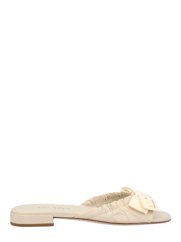 Prada Ruched Leather Mules With Bow - Cream