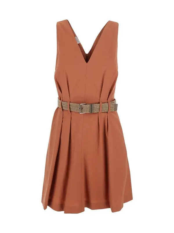 Brunello Cucinelli Orange Pleated Midi Dress With V-neck And Belt With Monil Detail On The Front In Cotton For - Multicolor