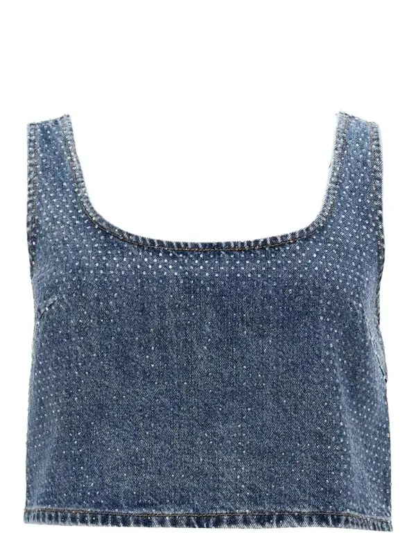 SELF-PORTRAIT Rhinestone Embellished Denim Crop Top - Blue