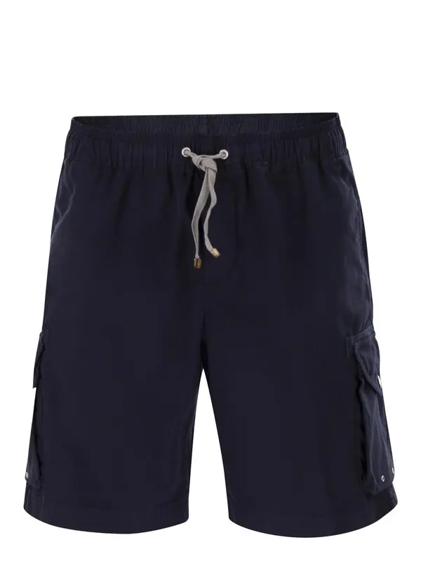 Brunello Cucinelli Bermuda Shorts In Garment-dyed Cotton Gabardine With Drawstring And Double Darts - Blue