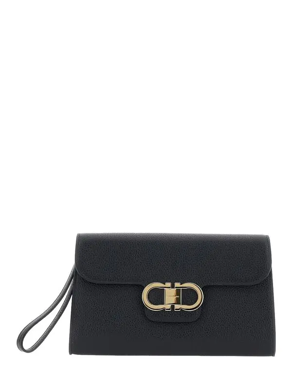FERRAGAMO Black Clutch With Double Gancini Buckle On The Front In Grained Leather For - Multicolor