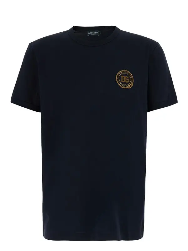 Dolce & Gabbana Blue Crew Neck T-shirt With Logo Embroidery On The Front In Cotton For - Multicolor