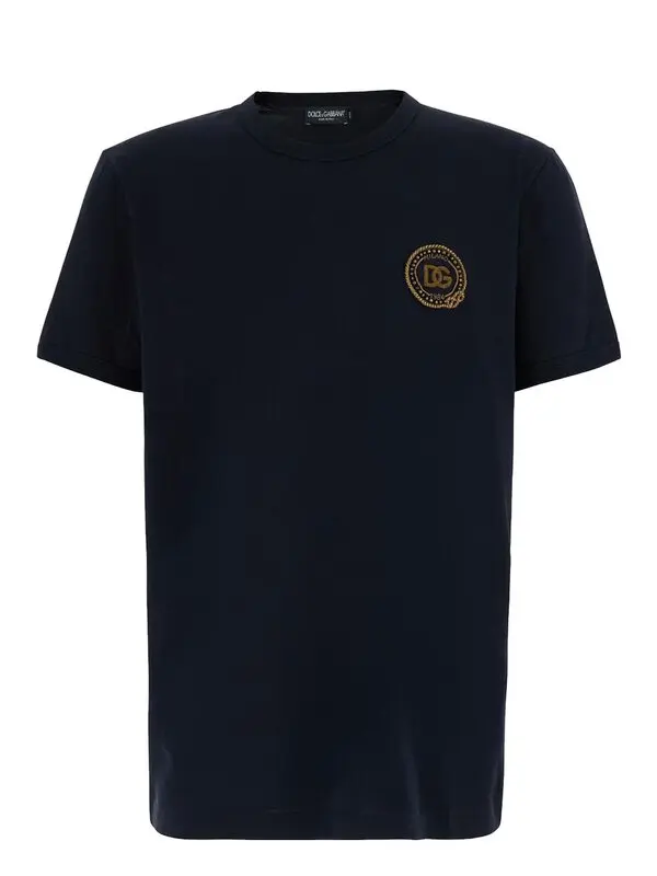 Dolce & Gabbana Blue Crew Neck T-shirt With Logo Embroidery On The Front In Cotton For - Multicolor