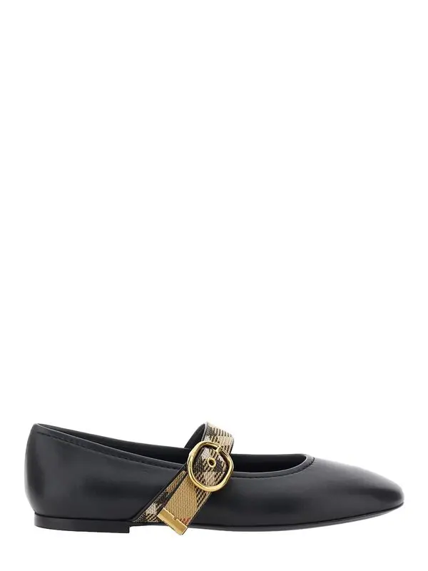 Burberry Leather Ballet Shoes With Check Motif Strap - Multicolor