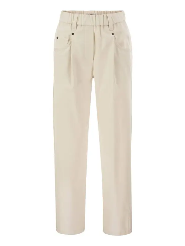 Brunello Cucinelli Baggy Trousers In Stretch Cotton Cover-up With Shiny Bartack - Cream