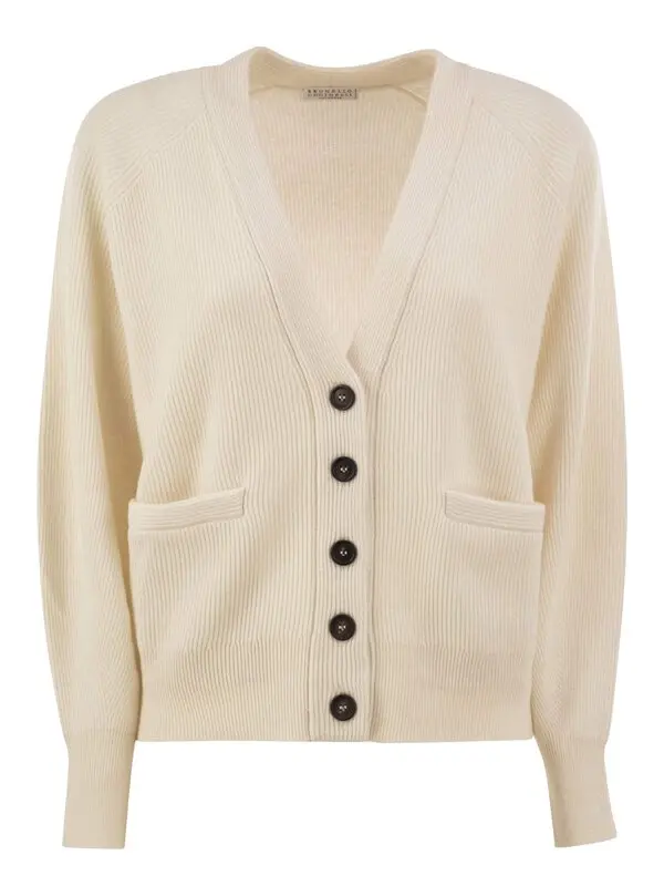 Brunello Cucinelli Ribbed Cashmere V-neck Cardigan - Cream