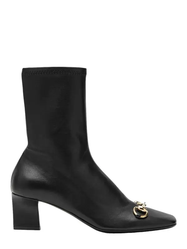 Gucci Signora Stretch Leather Ankle Boots With Horsebit And Block Heel - Black