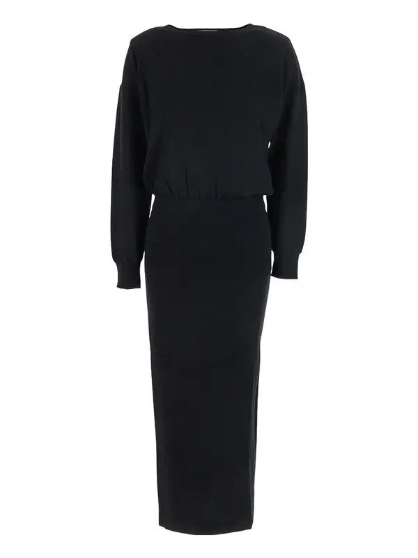 P.a.r.o.s.h Round Neck Dress With Draped Waist In Wool Blend - Black