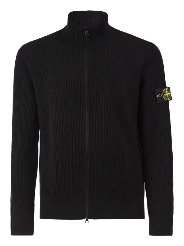 Stone Island Virgin Wool Ribbed Cardigan With High Neck And Zip - Black