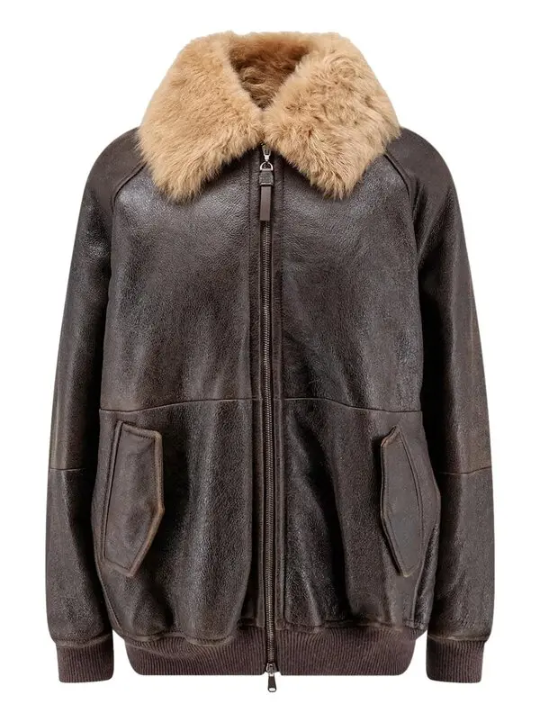 Brunello Cucinelli Leather Jacket With Shearling Collar - Multicolor
