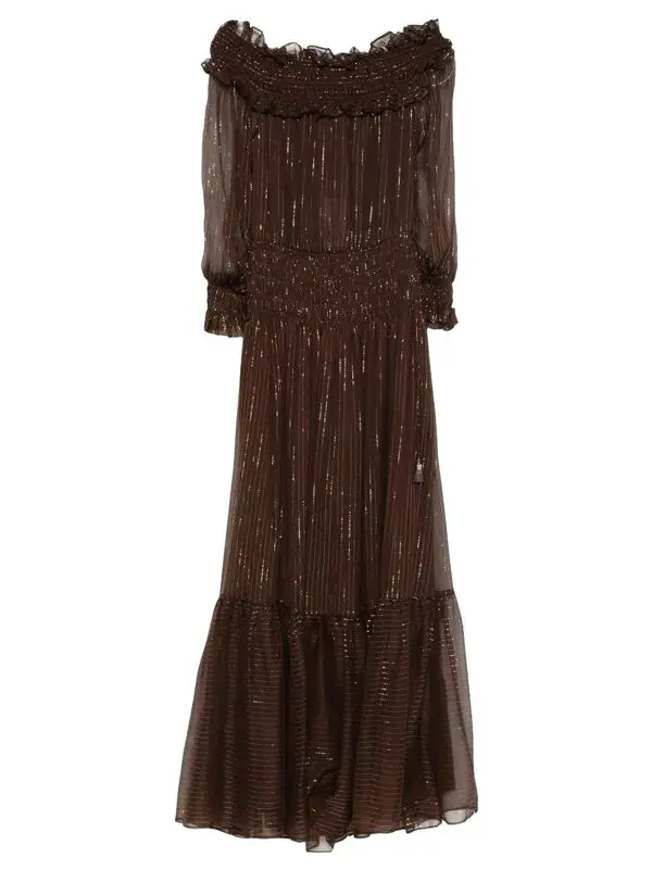 SELF-PORTRAIT Striped Long Dress - Brown