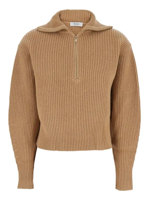 Max Mara Beige Turtleneck Sweater With Ribbed Design In Wool And Cashmere Blend - Multicolor