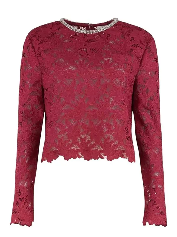 SELF-PORTRAIT Crystal Embellished Lace Long Sleeve Top - Red