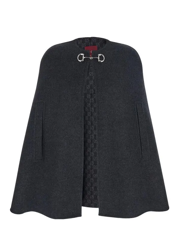 Gucci Black Cape With Horsebit Closure On The Front And Gg Motif Lining In Wool And Silk For - Multicolor
