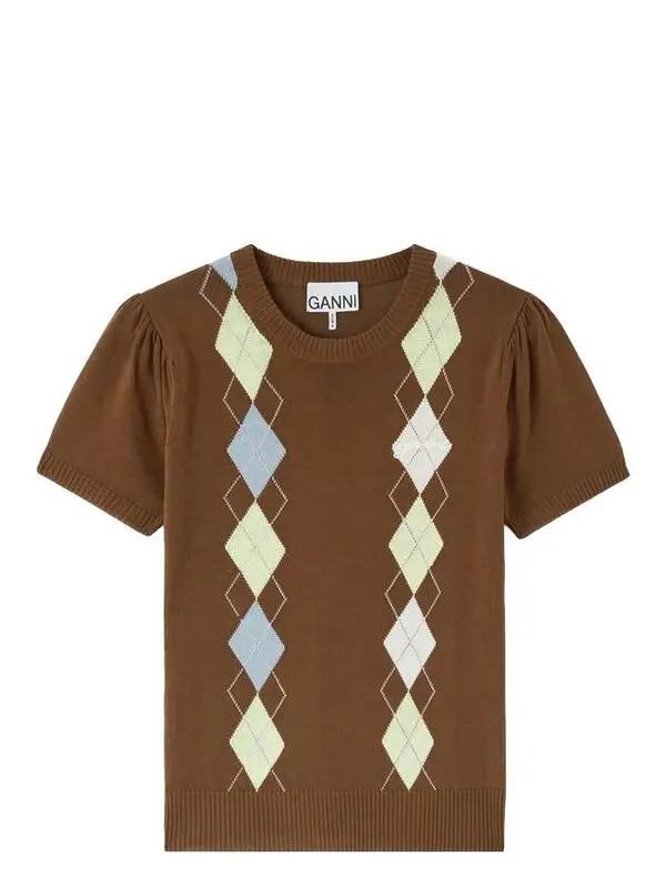 GANNI Argyle Pattern Crew Neck Short Puff Sleeves Ribbed Trims - Brown