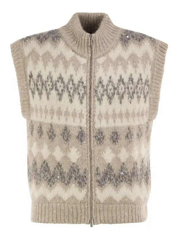 Peserico Jacquard Knitted Alpaca Blend Sequin Gilet - Cream