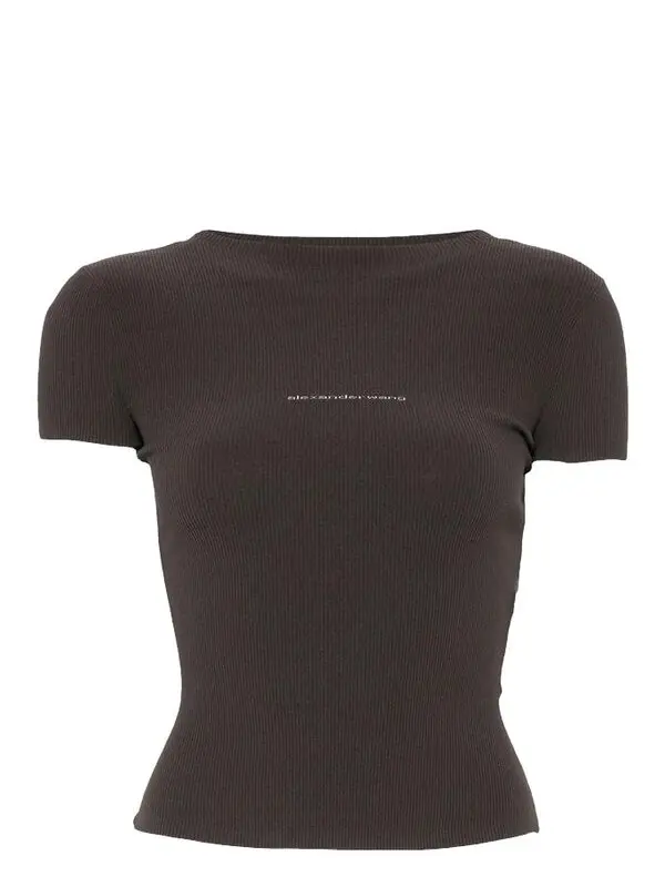 Alexander Wang Ribbed-knit Logo Short Sleeve Top - Brown