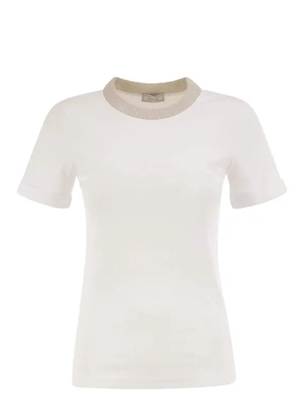 Peserico Stretch Cotton Jersey T-shirt With Lamé Knit Neckline - White