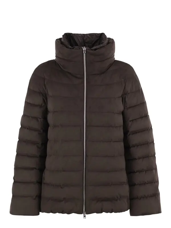 Herno Technical Suede-effect Down Jacket With Padded High Collar - Brown