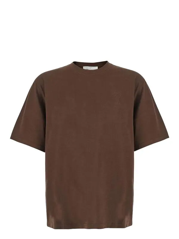 AMI Paris Brown Round Neck T-shirt With Tone-on-tone Adc Embroidery On The Front In Cotton For - Multicolor